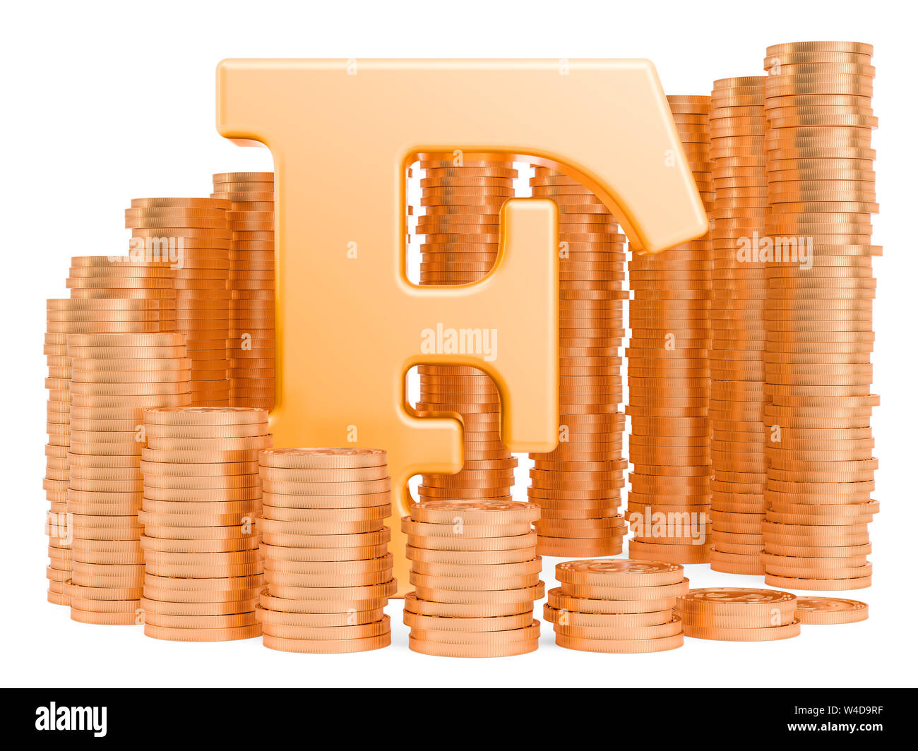 Franc symbol with golden coins around, 3D rendering isolated on white ...