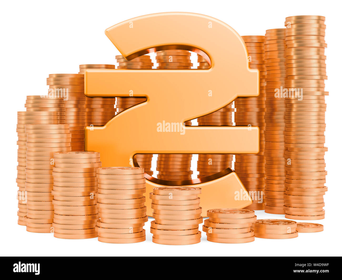 Ukrainian hryvnia symbol with golden coins around, 3D rendering ...