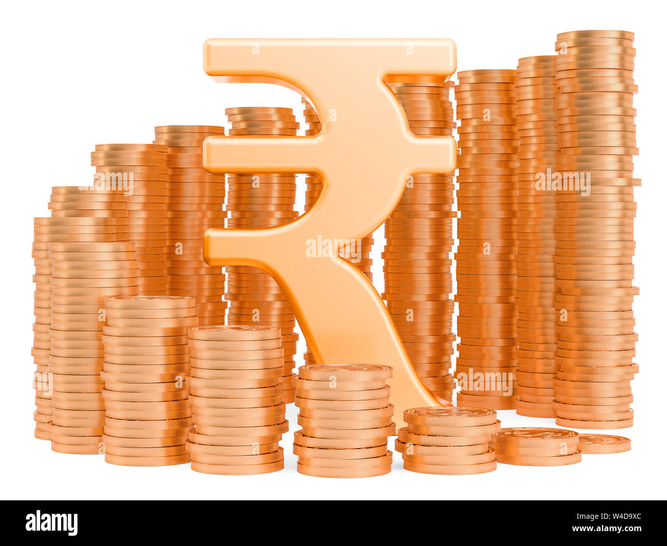 Rupee symbol with golden coins around, 3D rendering isolated on white ...