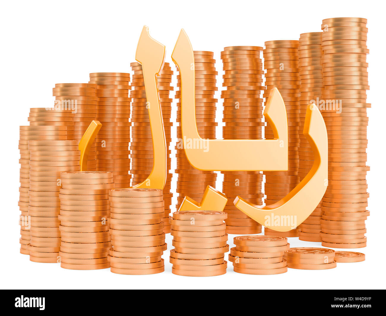 Saudi riyal symbol with golden coins around, 3D rendering isolated on ...