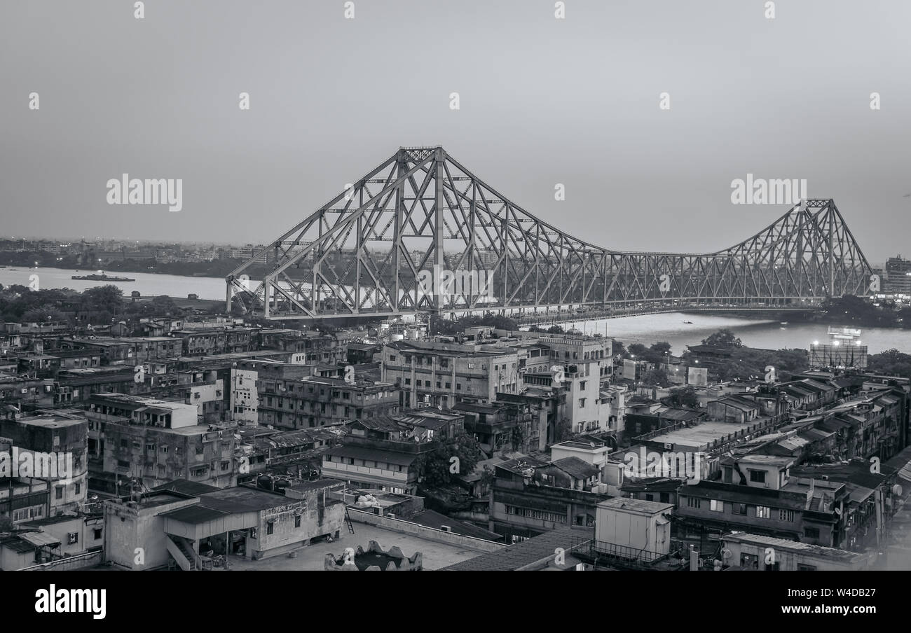Aerial View of Famous Howrah bridge/ Rabindra Setu along with cityscape ...