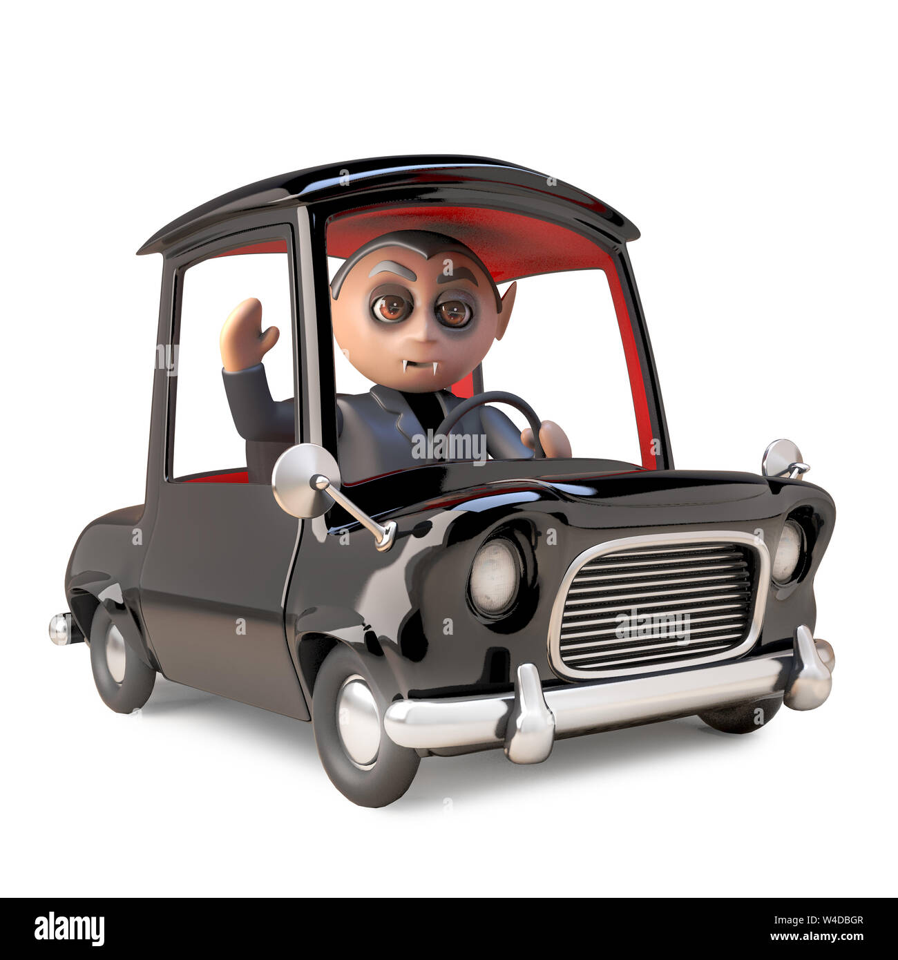 Vampire dracula character in 3d waves cheerfully as he drives his car ...