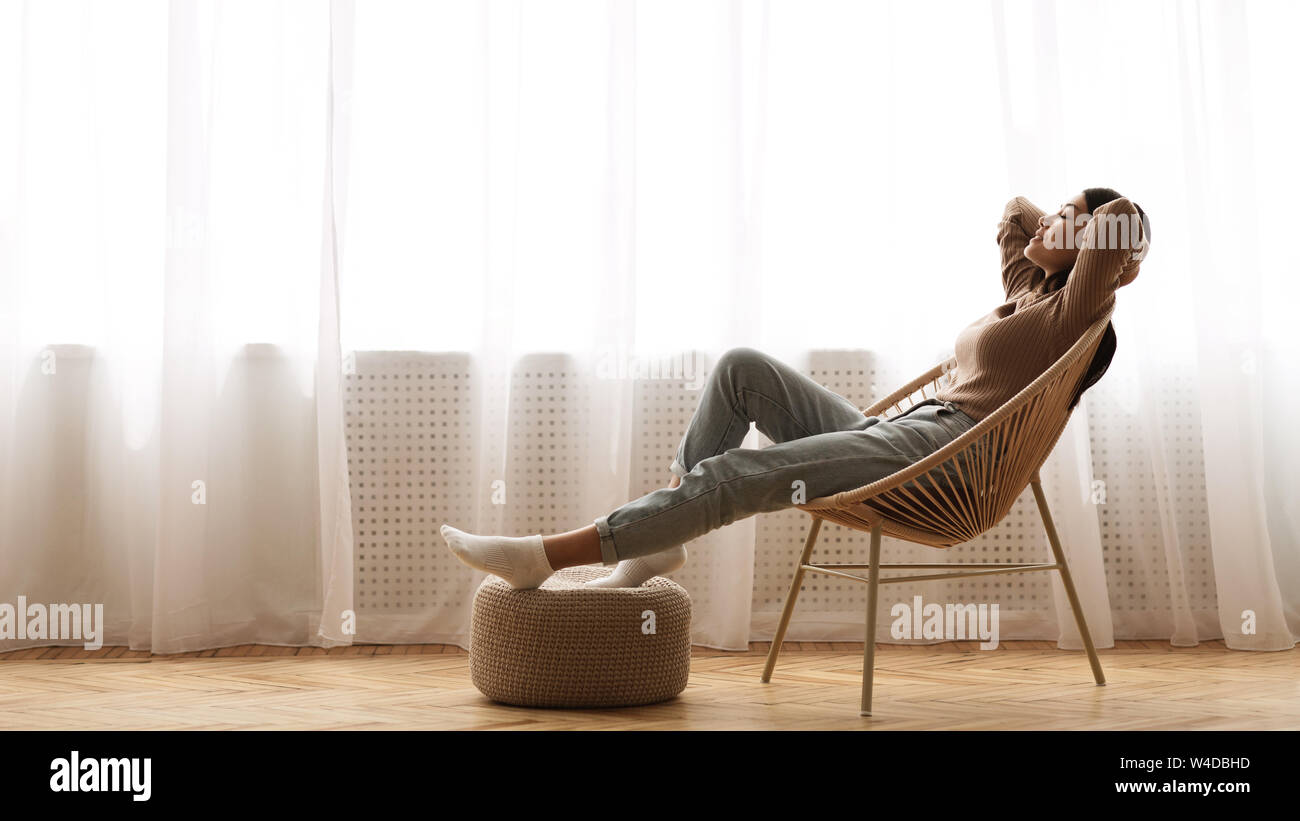 Perfect Morning. Girl Sitting in Armchair near Window Stock Photo - Alamy