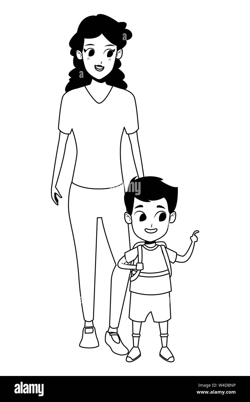 Family single mother with kid in black and white Stock Vector Image ...