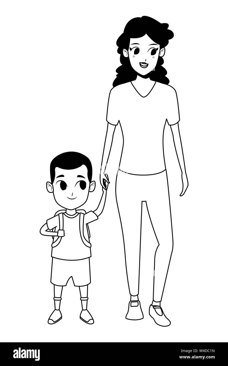 Family single mother with kid in black and white Stock Vector Image ...