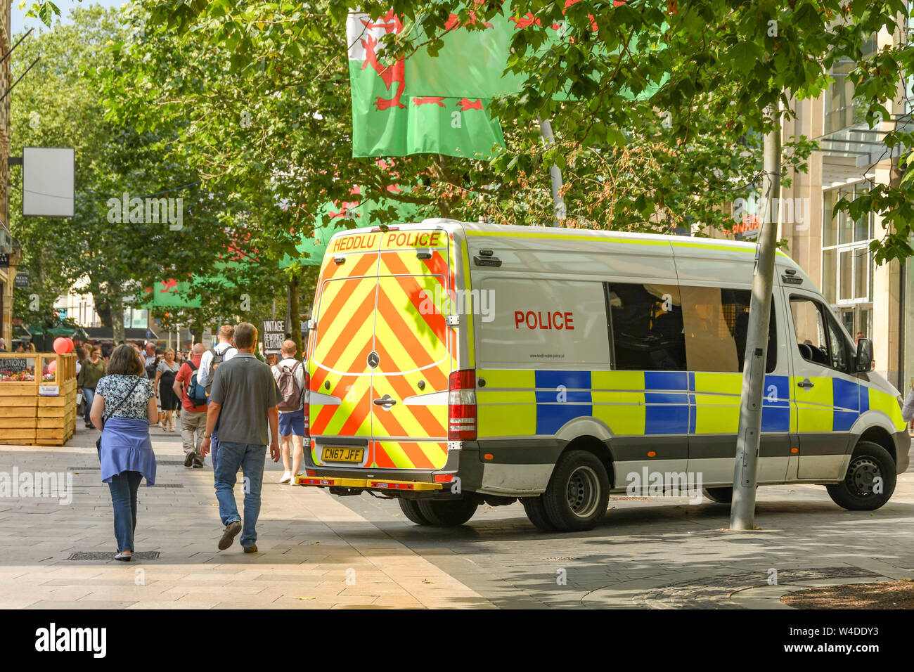 CARDIFF, WALES - JULY 2019: Police van parked in The Hayes, which is ...