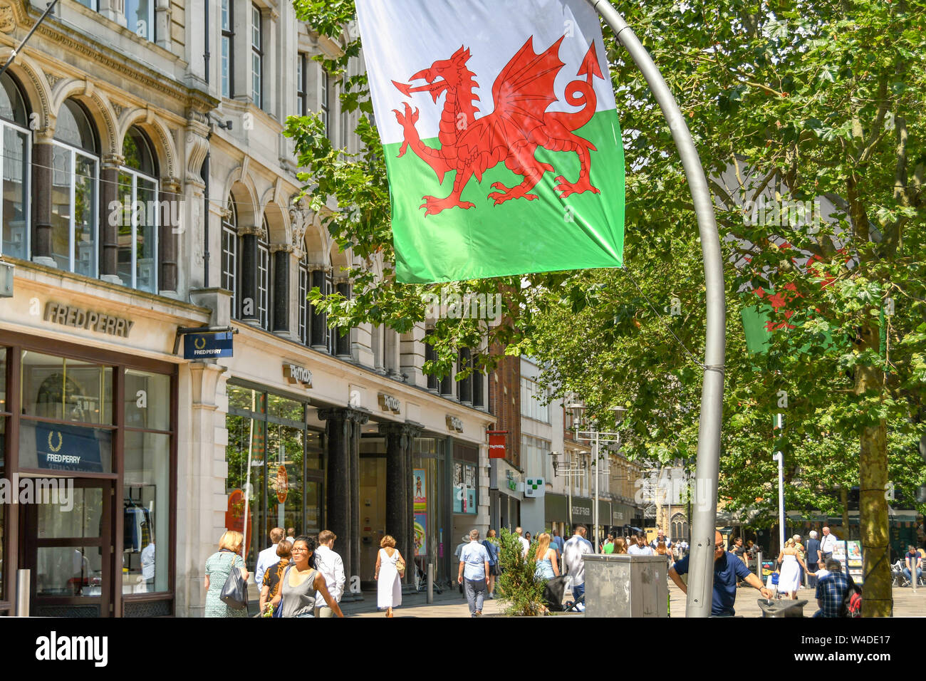 CARDIFF, WALES - JULY 2019: Welsh flag flying in The Hayes, which is ...