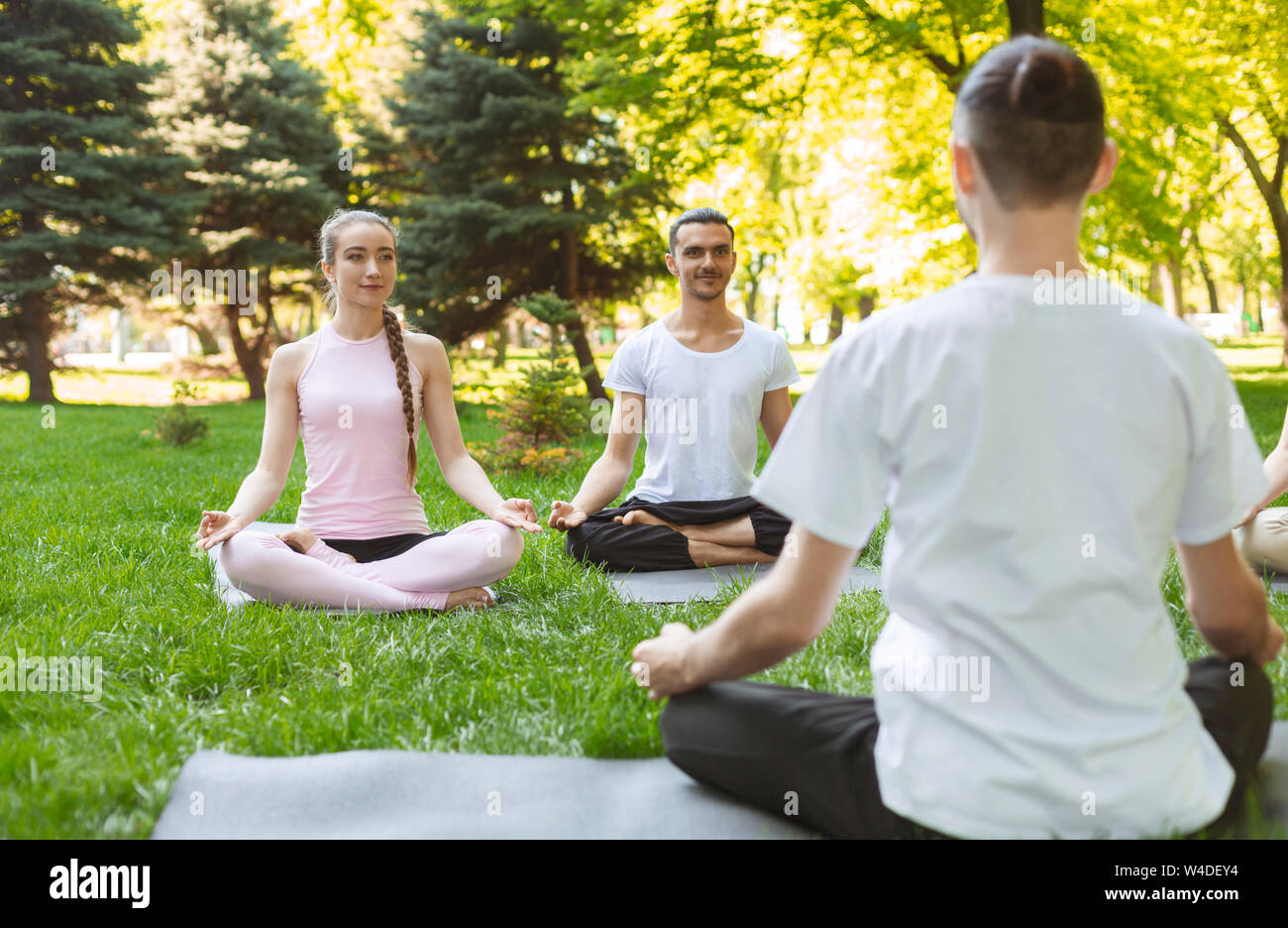 Yoga teacher and beginners in outdoor class, making easy postures Stock ...
