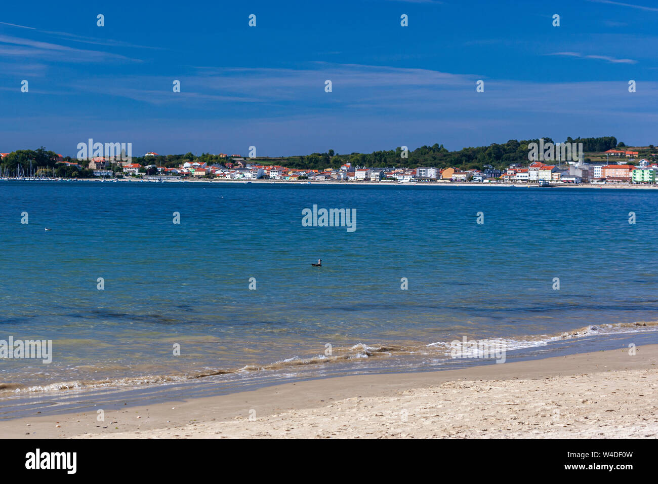 Ares town from Praia de Seselle, beach in Ares, A Coruña province ...