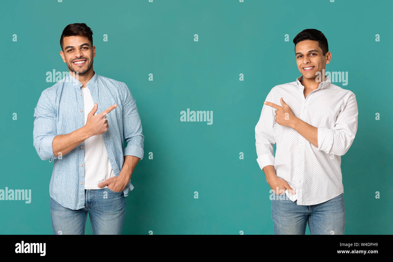Two Latin American Guys Pointing Fingers At Copy Space Stock Photo - Alamy