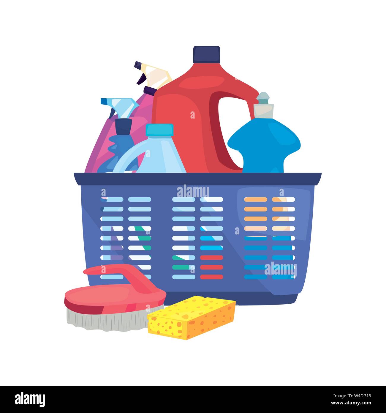 basket with bottles detergents brush and sponge cleaning products and ...