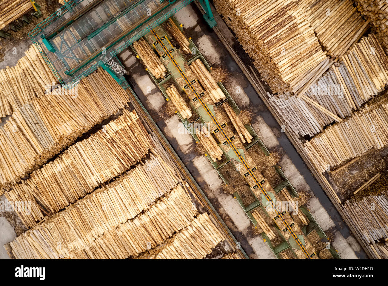 Aerial view of sawmill and chopped tree wood log stacks in a row with ...