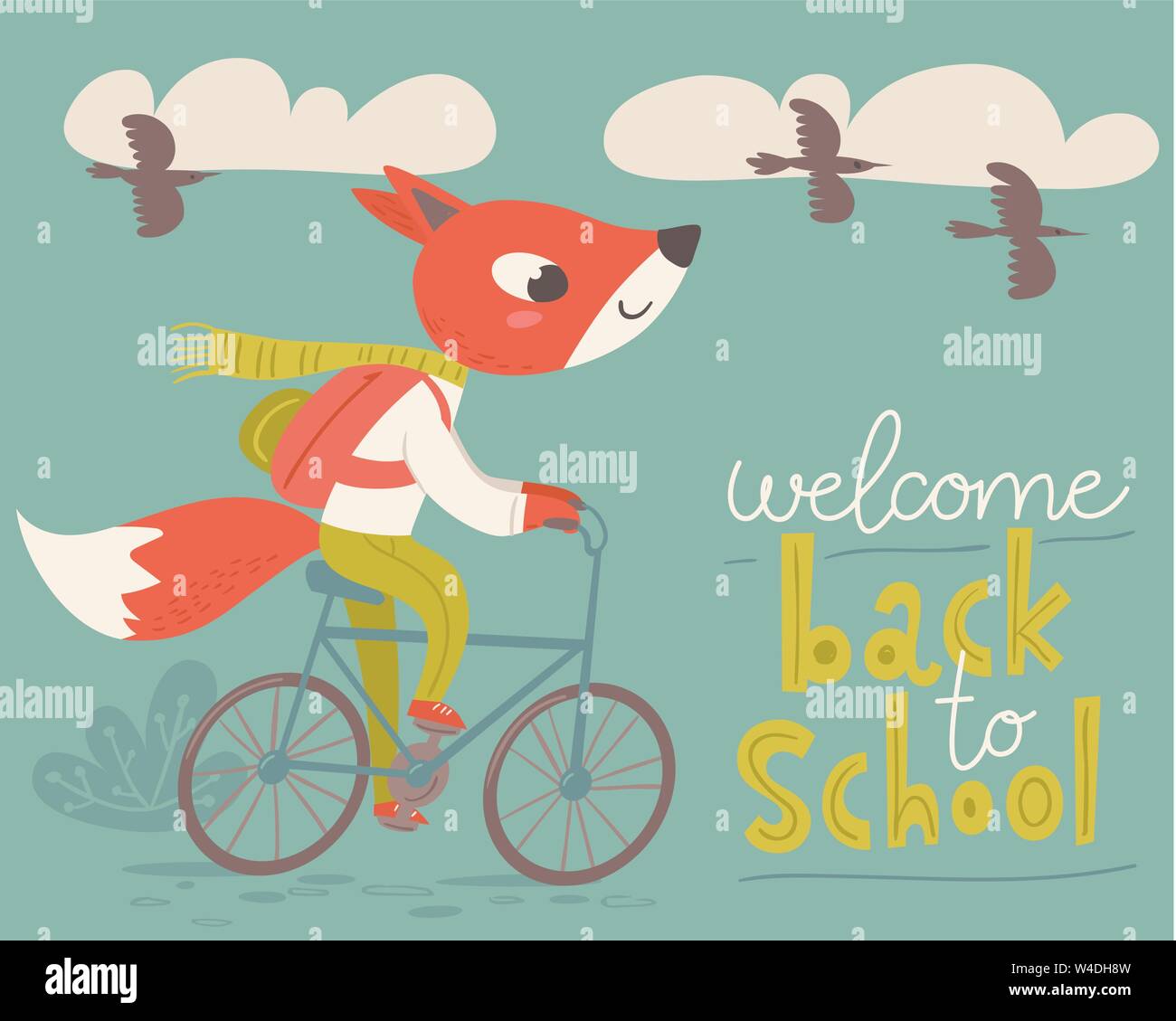 Welcome back to school poster with cartoon animals. Fox riding a bike ...