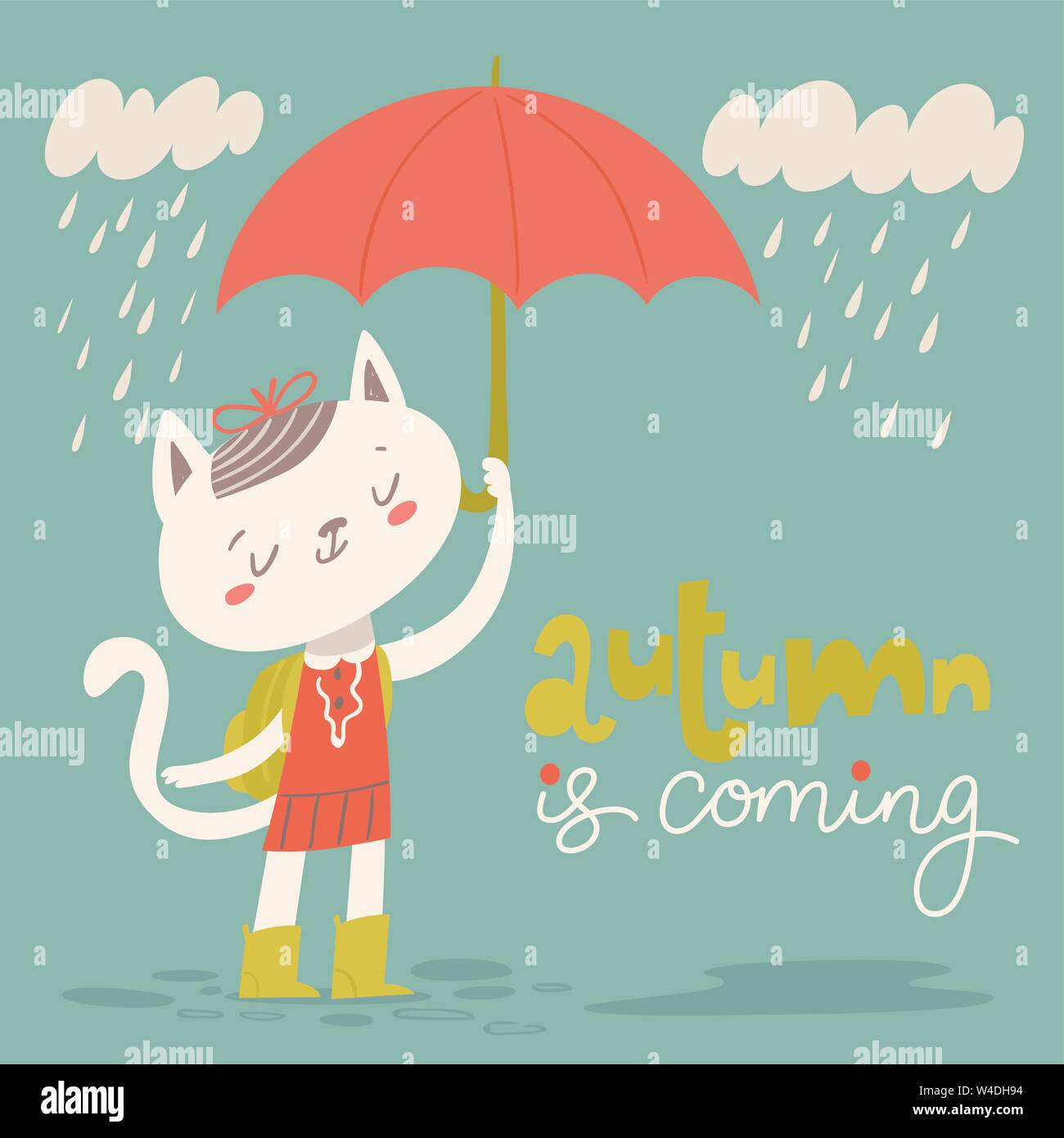 Welcome back to school poster with cartoon animals. Baby cat with an ...