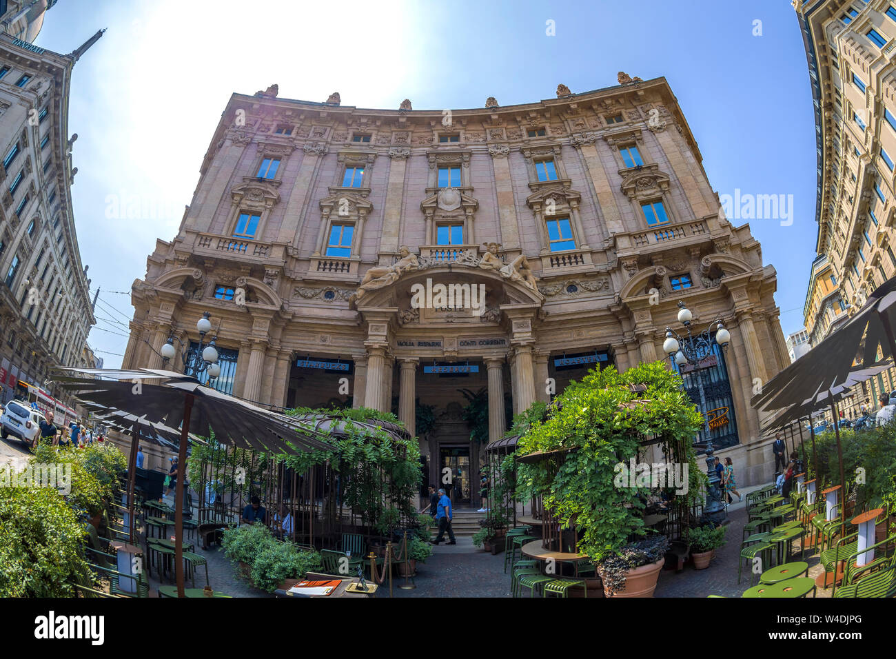 MILAN, ITALY - JUNE 29, 2019: Wide angle view of the exterior of the ...