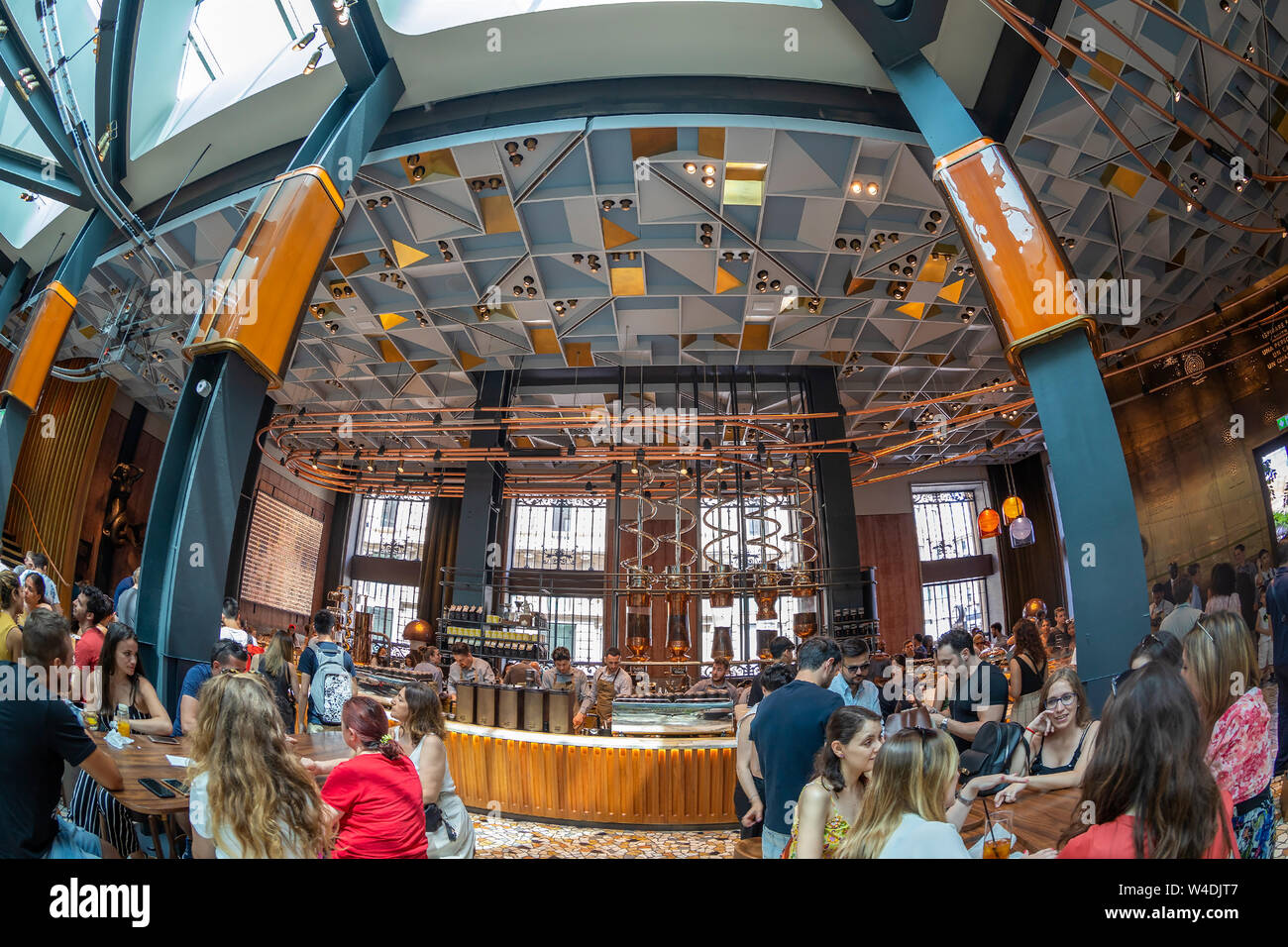 MILAN, ITALY - JUNE 29, 2019: Wide angle view of the interior of the ...