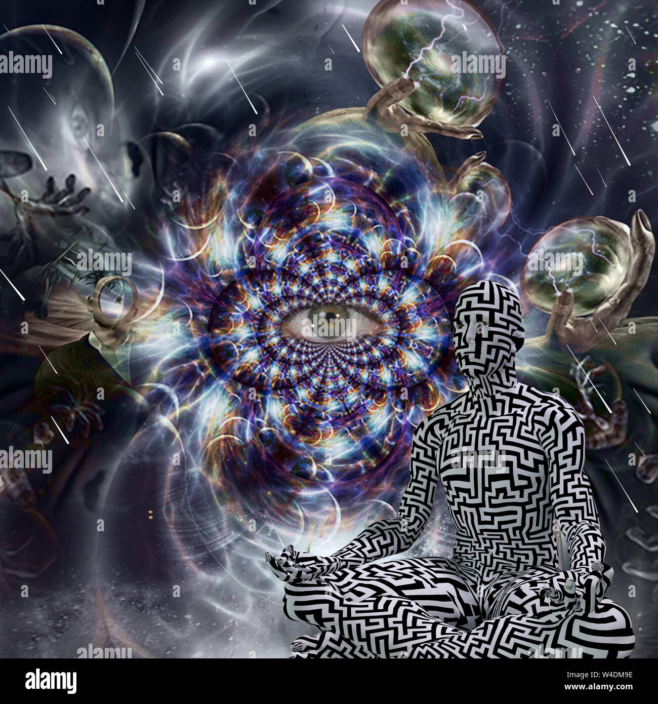 Maze man in Zen. All seing eye in endless space Stock Photo - Alamy