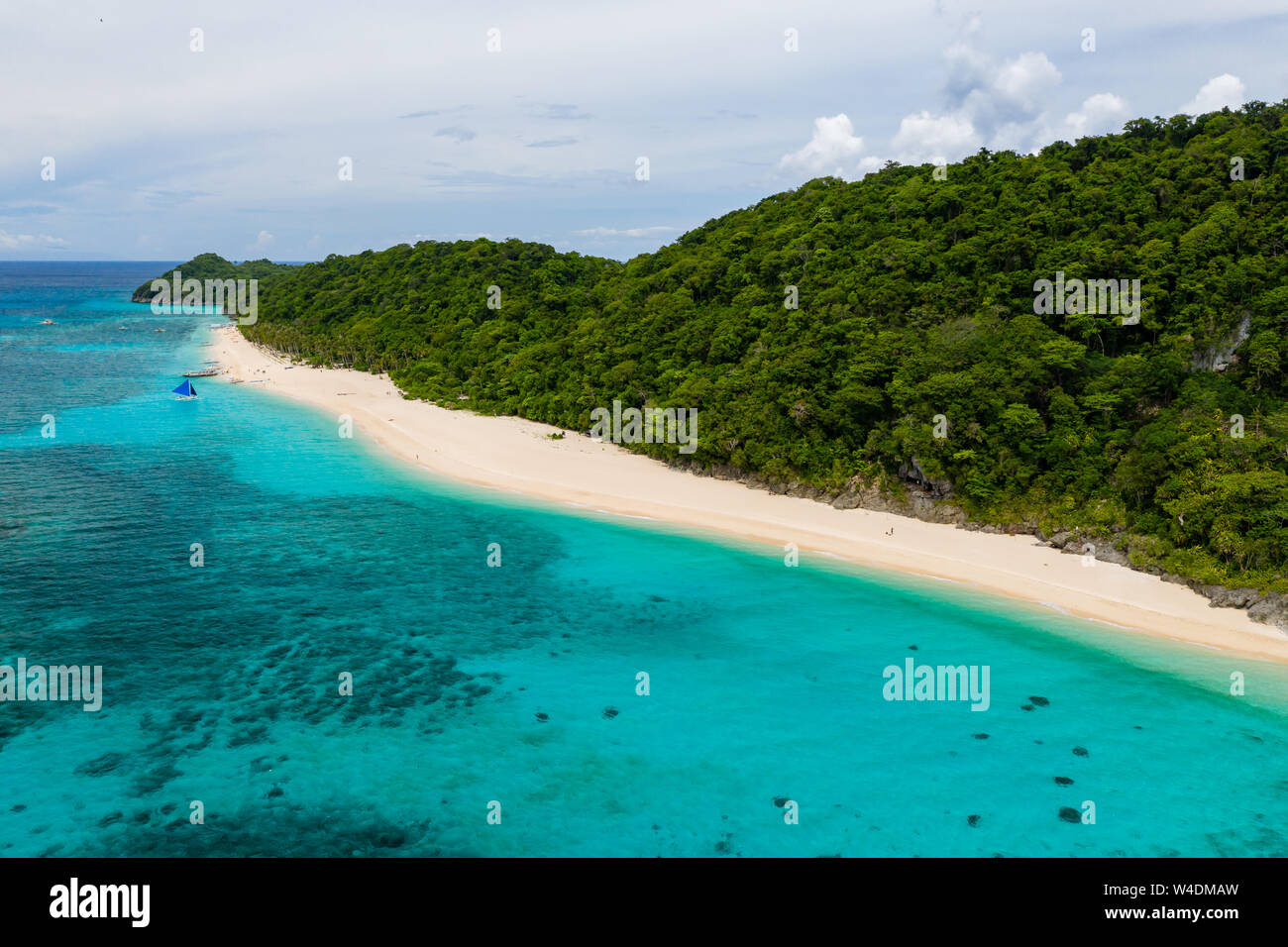Aerial view of a beautiful sandy beach surrounded by tropical foliage ...