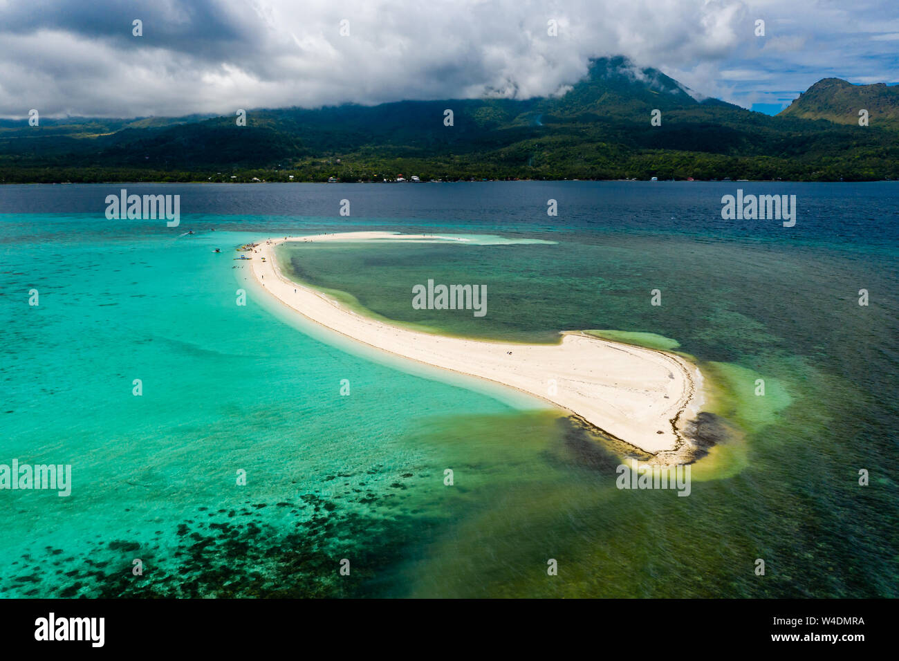 Aerial drone view of the sandy White Island off the coast of Camiguin ...