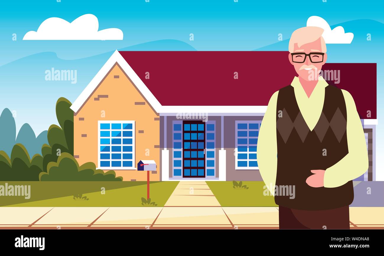 old man standing next house exterior vector illustration Stock Vector ...