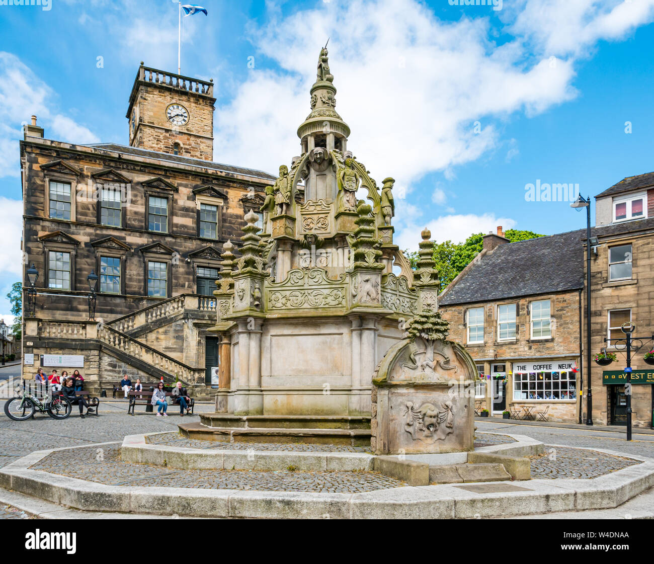 Historic Linlithgow Burgh Halls, or town hall, and elaborate market ...