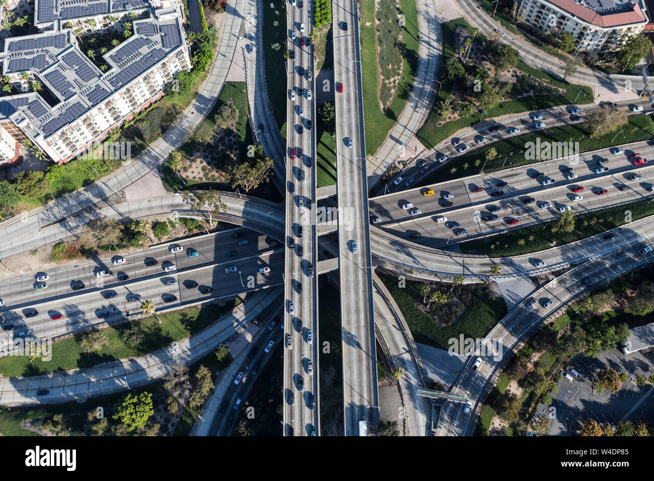 Aerial view of four level Harbor 110 and Hollywood 101 freeway ...