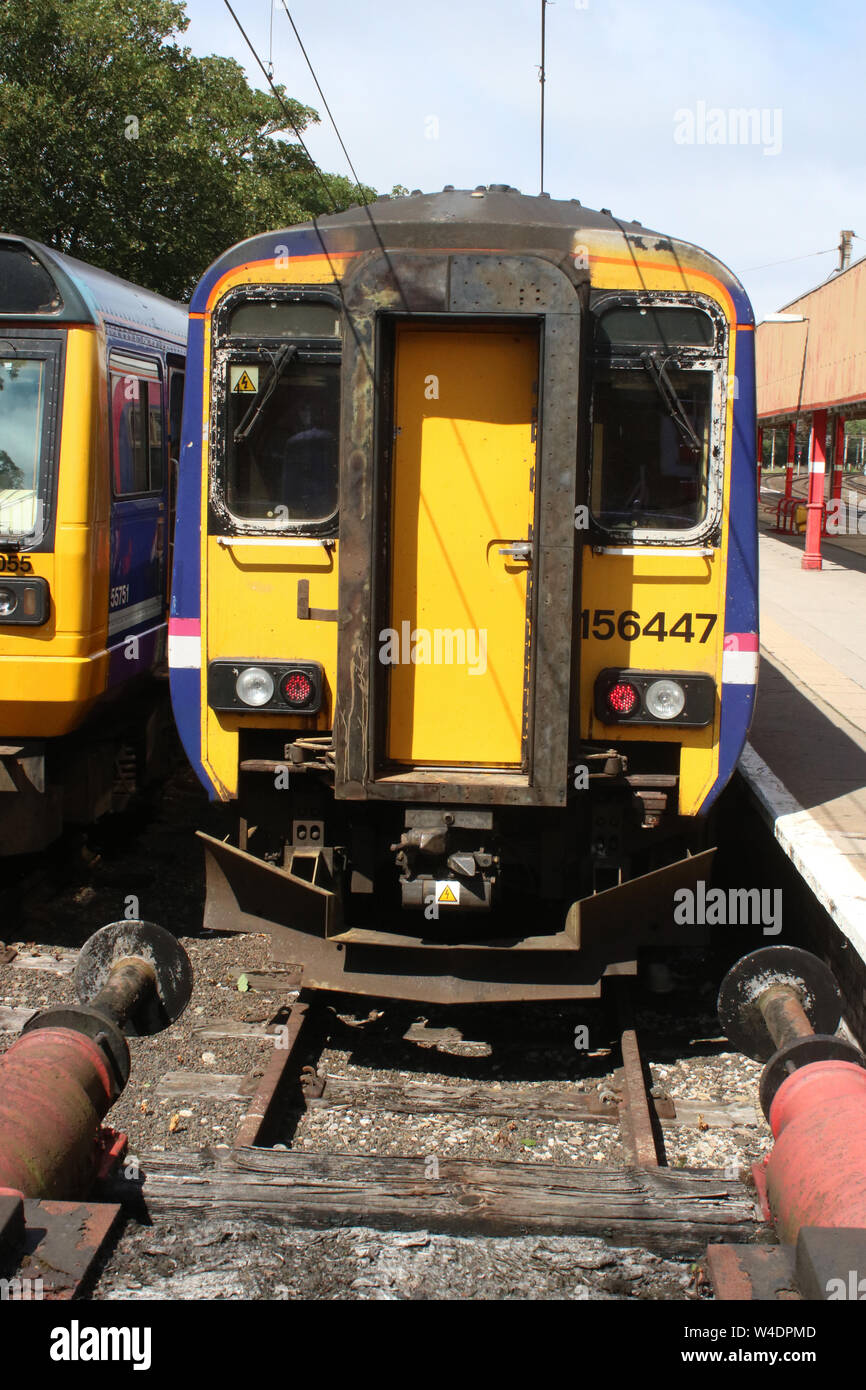 Class 156 super sprinter diesel multple unit train in bay platform at Lancaster railway station ...