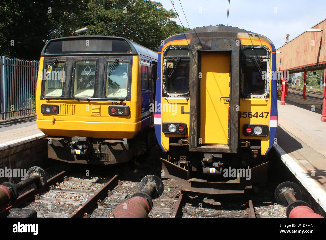 Two diesel multiple unit trains in bay platforms at Lancaster railway ...