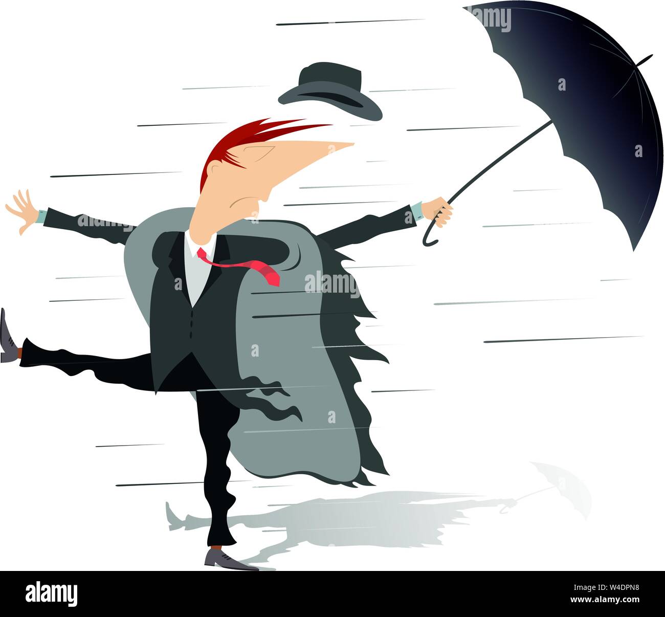 Strong wind, rain and man with umbrella illustration. Whirlwind, rain ...