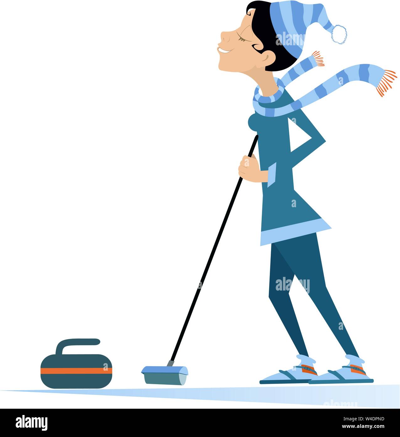 Smiling young woman plays curling isolated illustration. Young woman ...