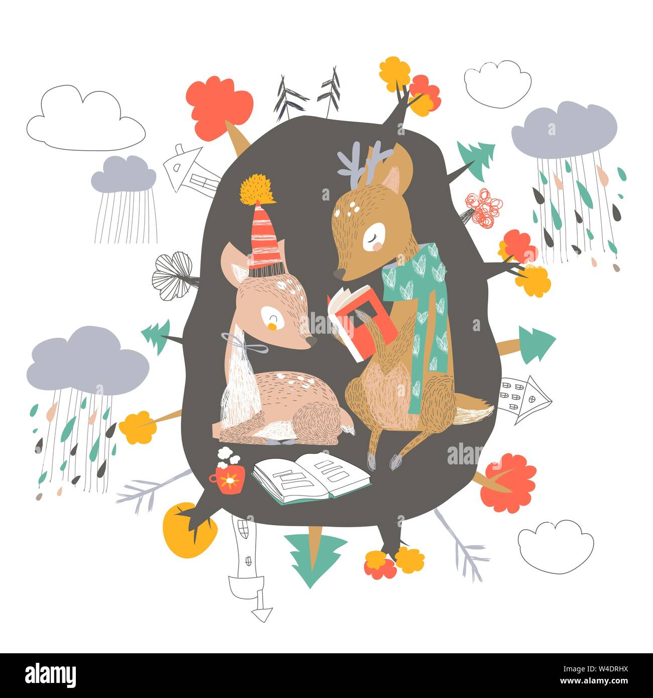 Cute cartoon deers read books in den. Hello autumn Stock Vector Image ...
