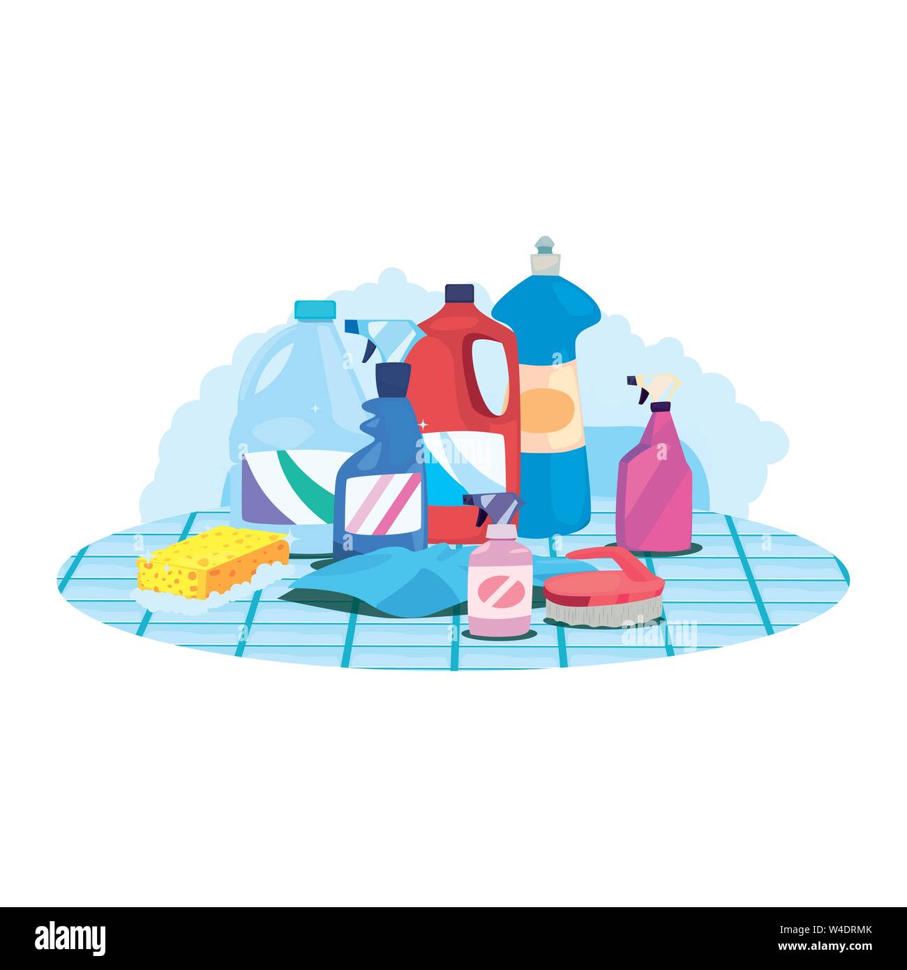 cleaning products and supplies bottles spray sponge brush bubbles ...