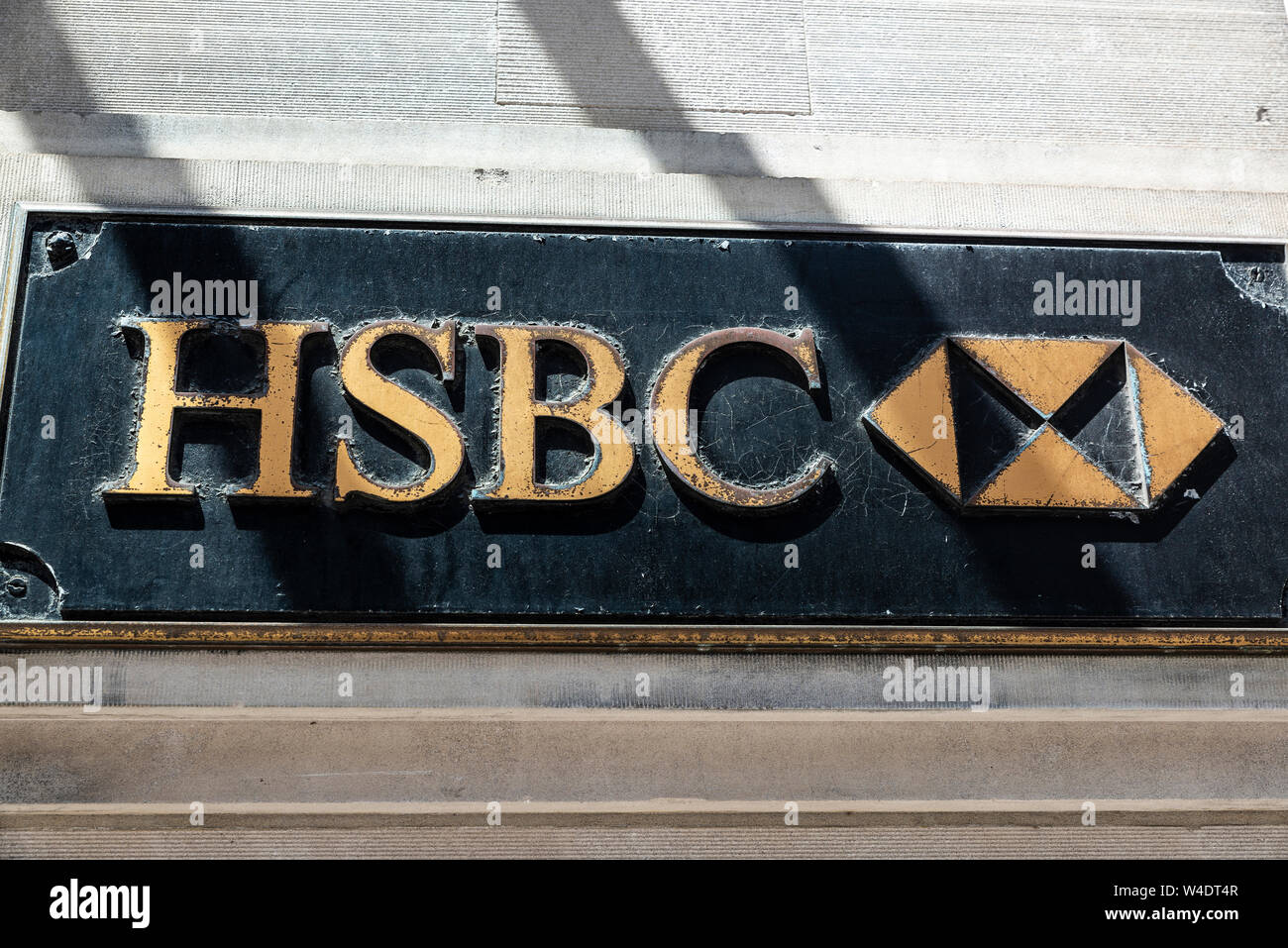 New York City, USA - August 2, 2018: Old logo of HSBC bank in Manhattan ...