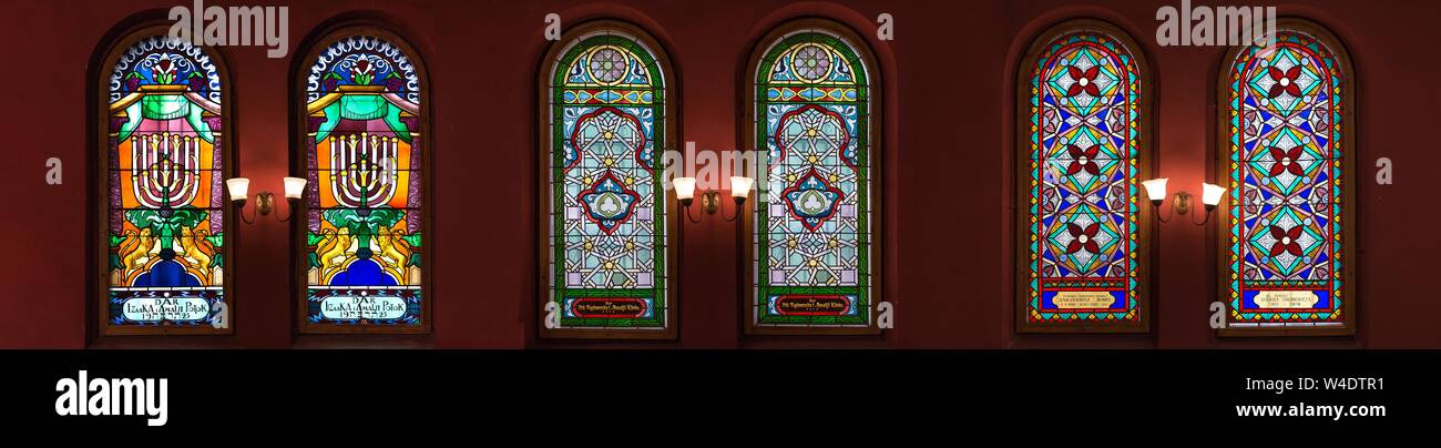Coloured stained glass windows, temple synagogue in the Jewish district ...