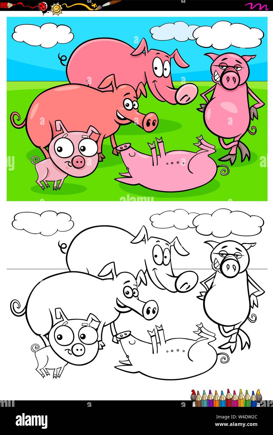 Cartoon Illustration of Funny Pigs Farm Animal Characters Coloring Book ...