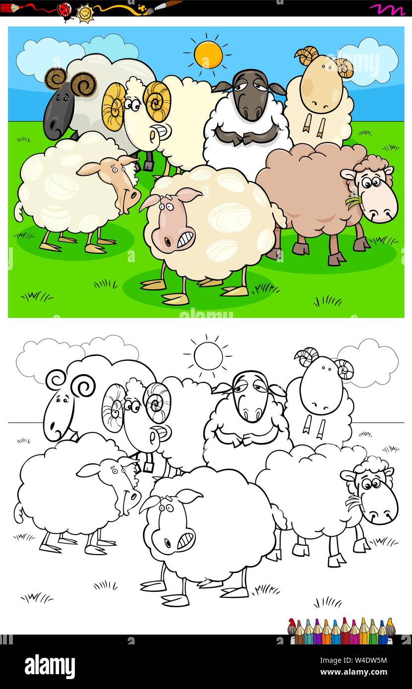 Cartoon Illustration of Funny Sheep Animal Characters Coloring Book ...