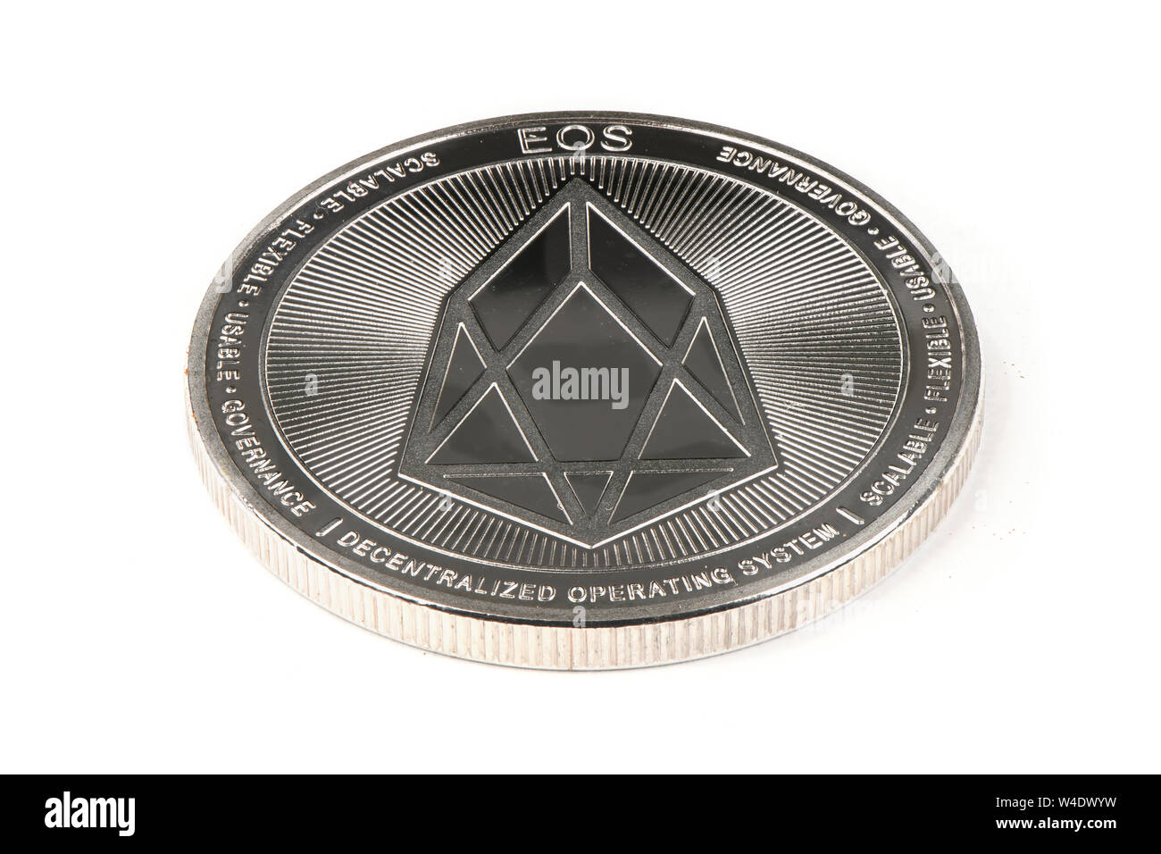 Back side of the crypto currency, silver EOS isolated on white ...
