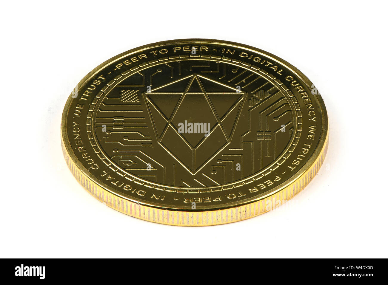 Face of the crypto currency golden EOS isolated on white background ...