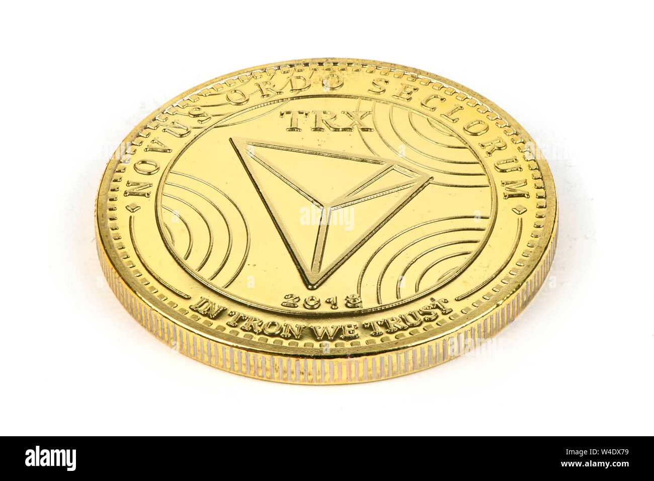 Back side of the crypto currency golden tron isolated on white ...