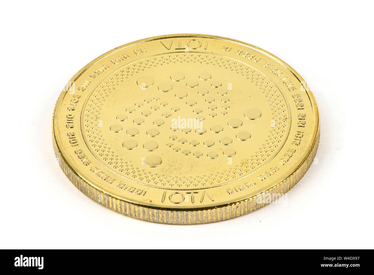 Face of the crypto currency golden iota isolated on white background ...