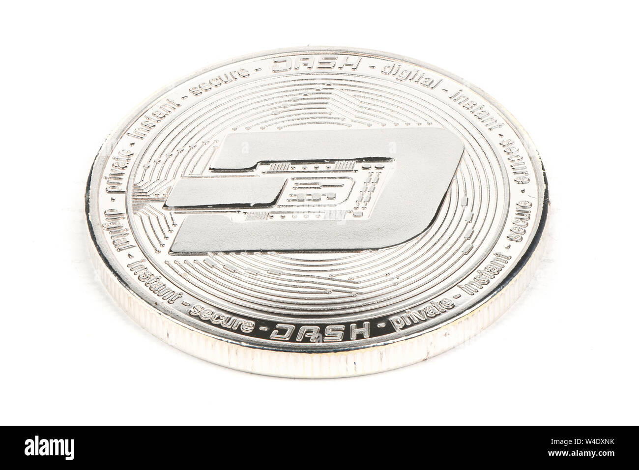 Back side of the crypto currency silver dash isolated on white ...