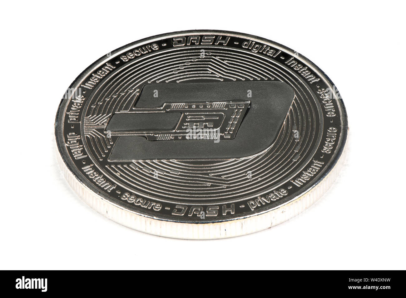 Back side of the crypto currency silver dash isolated on white ...