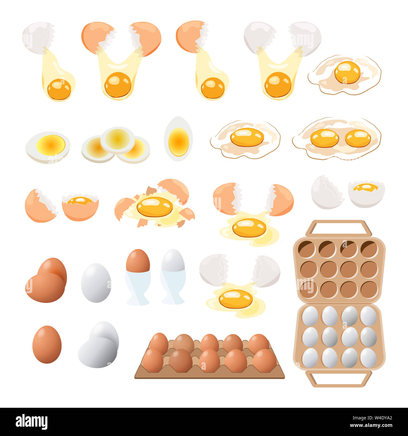 food icon. Chicken boiled,broken and raw eggs brown and white color.An ...