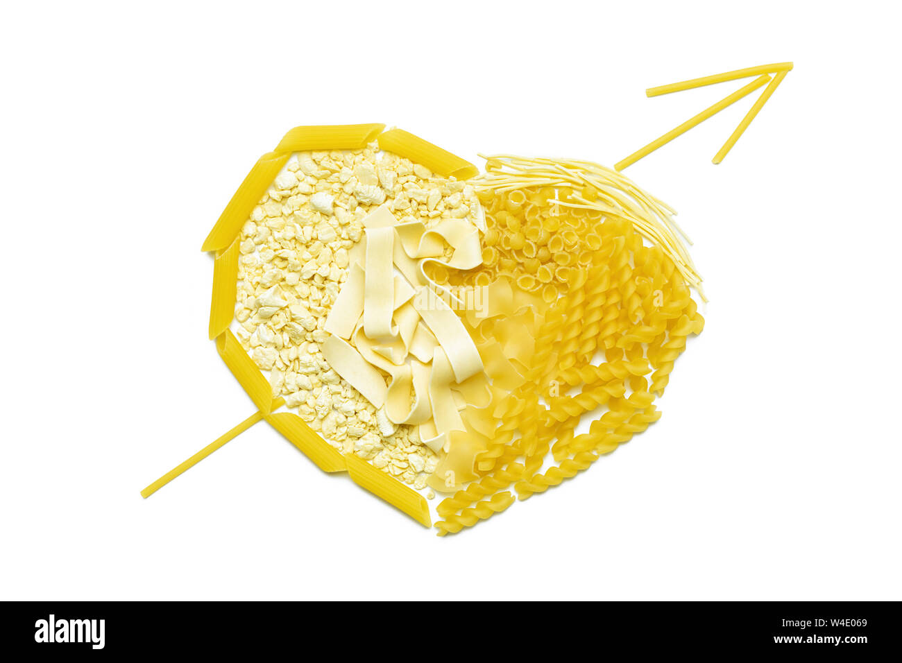 Heart of pasta pierced by an arrow. Isolated image on white background ...