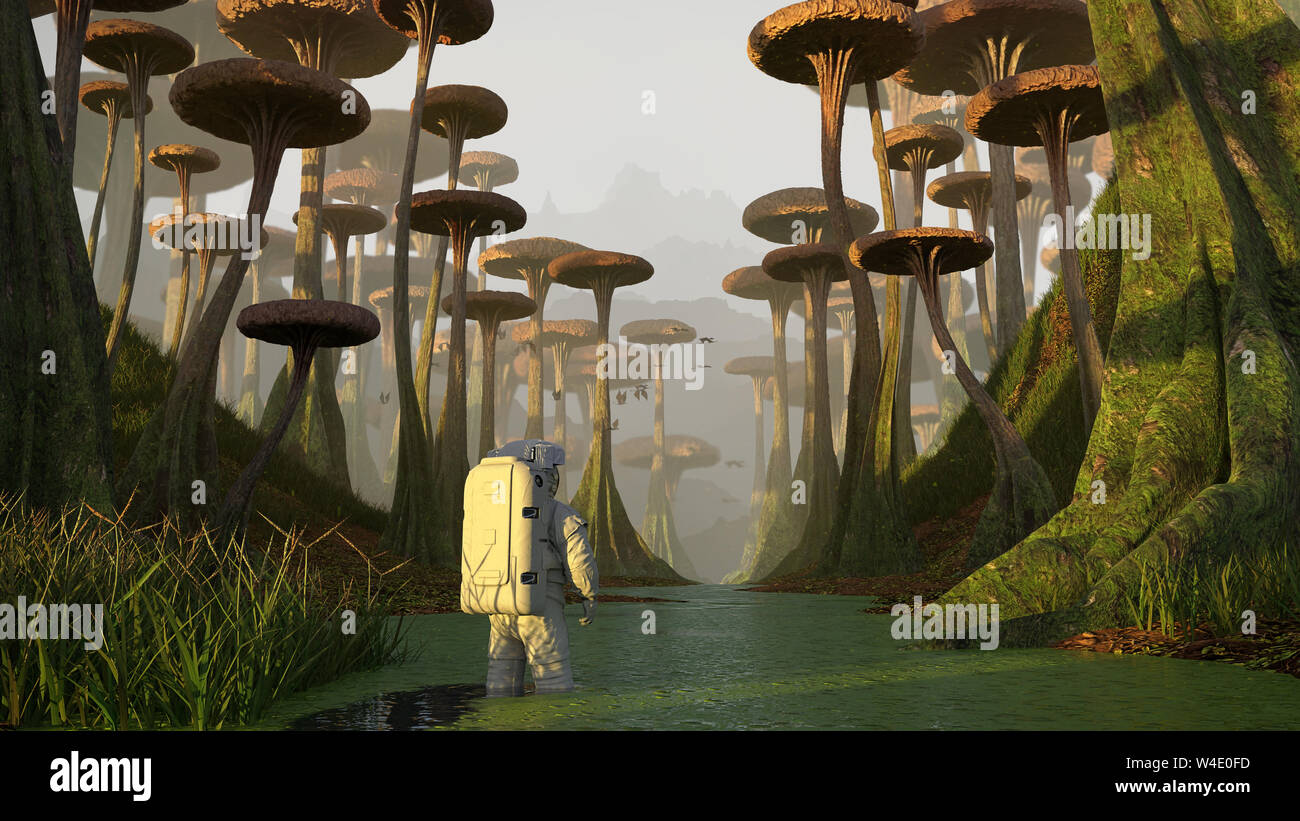 astronaut exploring alien planet landscape, mission on exoplanet with ...