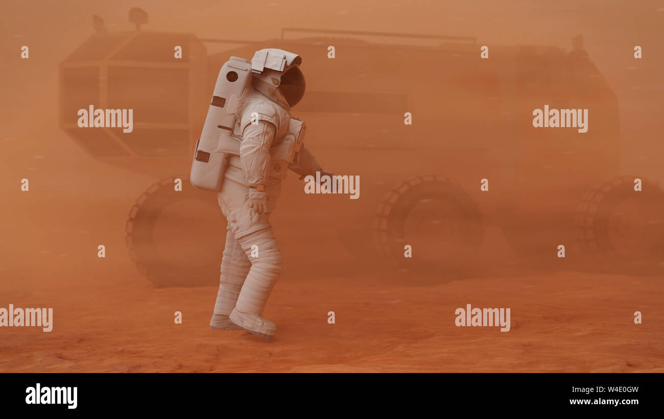 astronaut walking in martian sandstorm, mission on planet Mars Stock ...