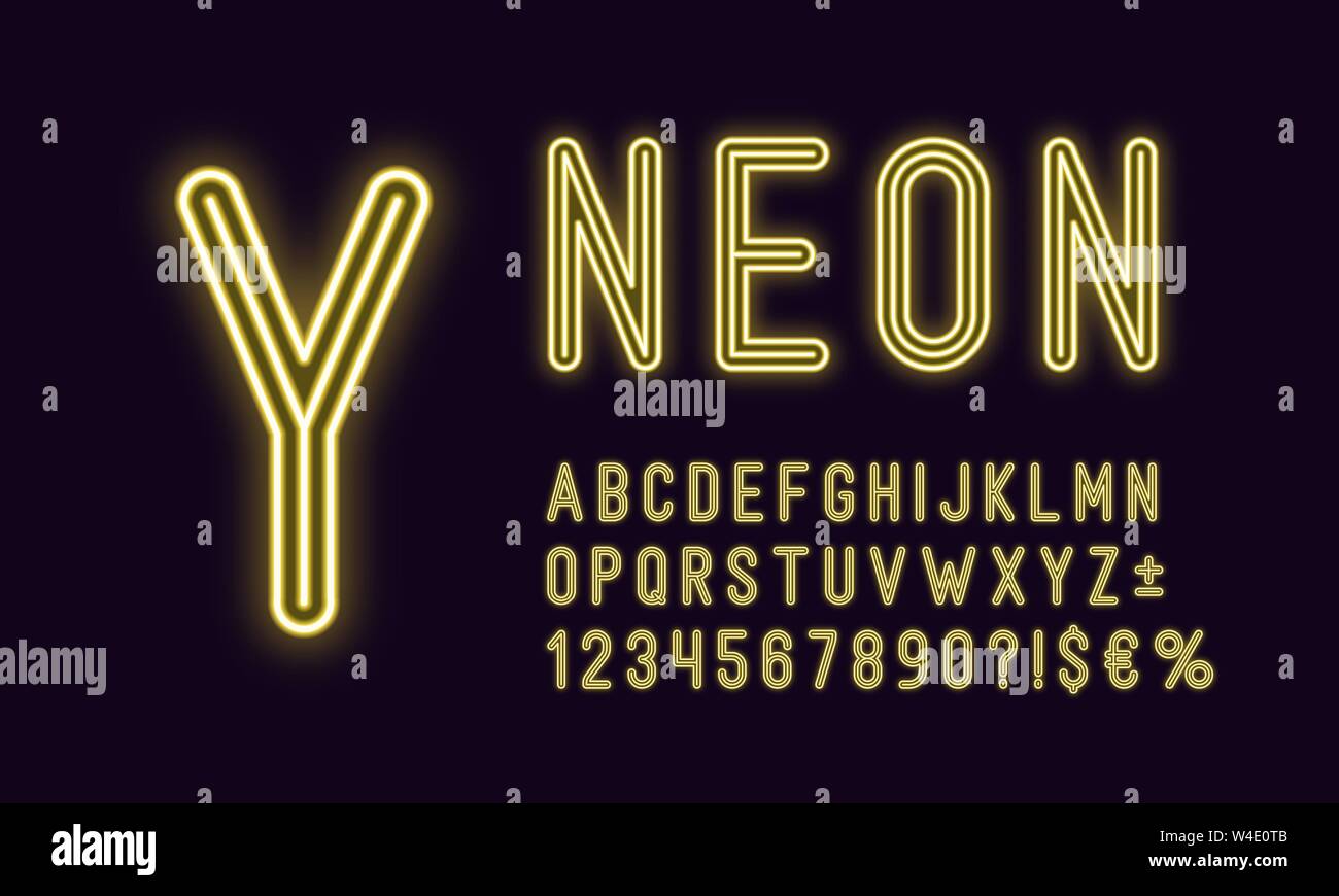 Neon rounded alphabet, Yellow color. Neon outlined Font, set of ...