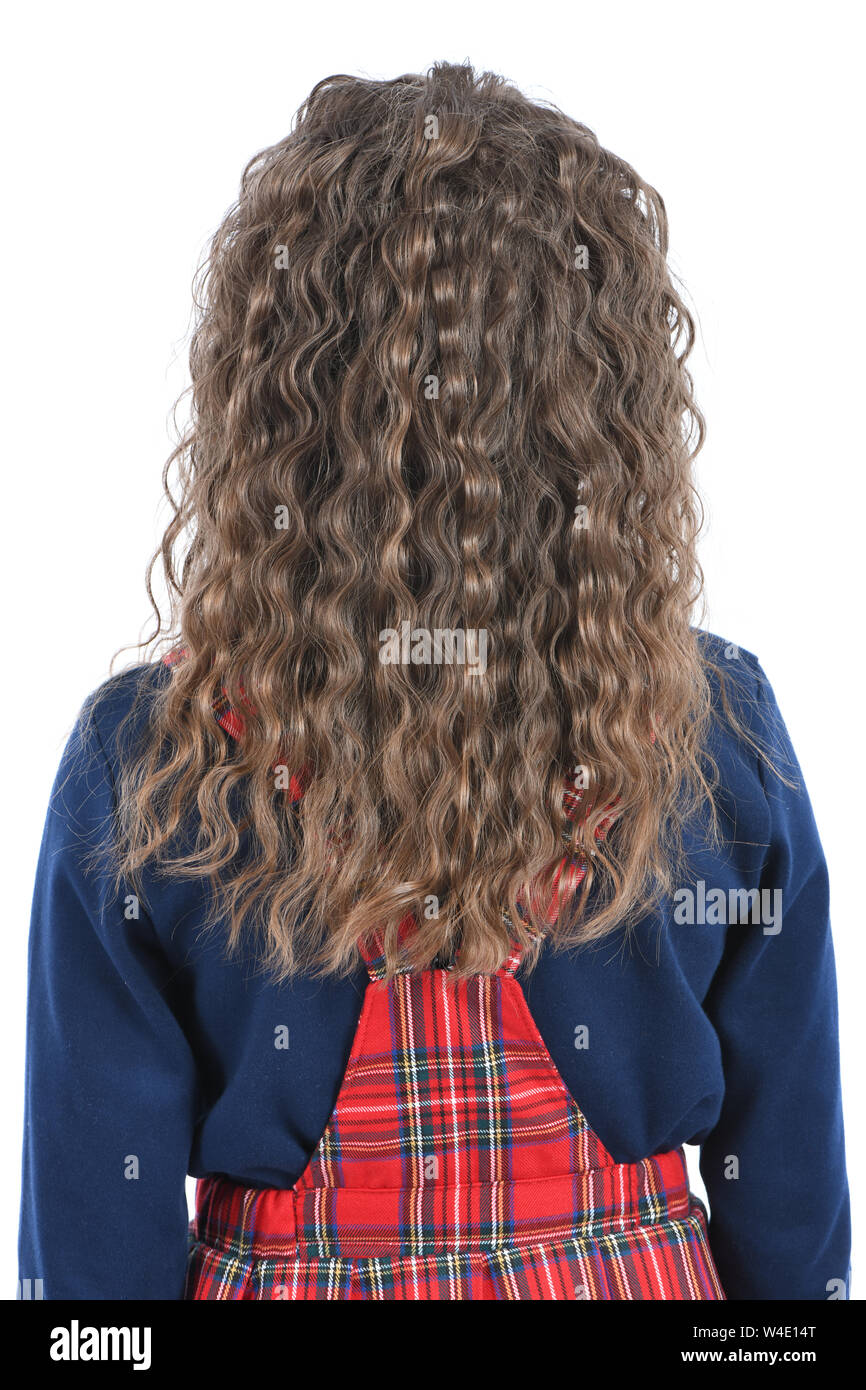 Rear view of girl with curly hair. Isolated on white background. High ...
