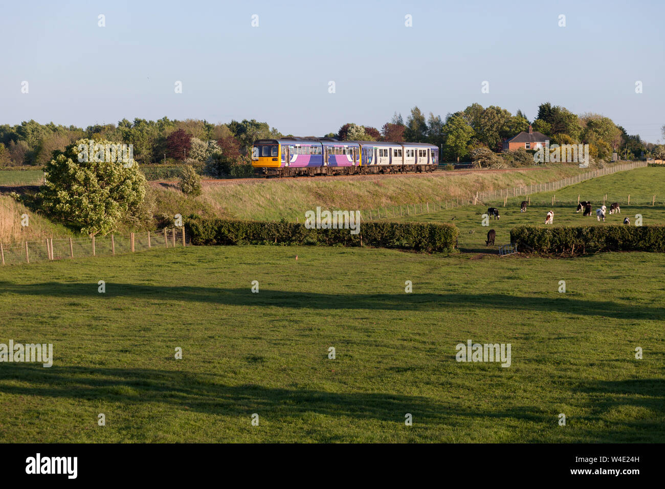 Arriva Northern rail class 142 pacer + class 150 sprinter passing Moss Side on the south Fylde ...