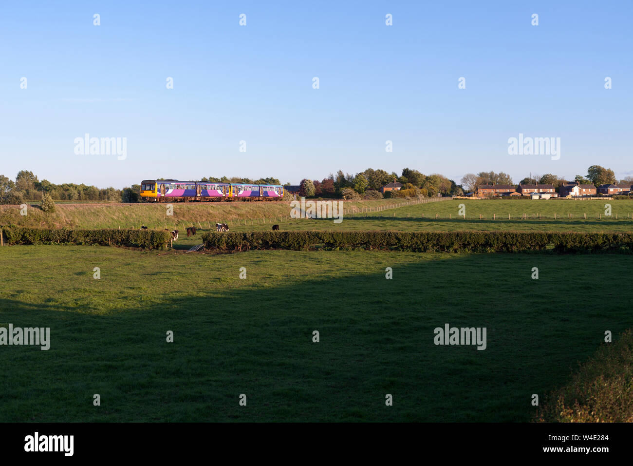 2 Arriva Northern rail class 142 pacer trains passing Moss Side with a stopping train to ...